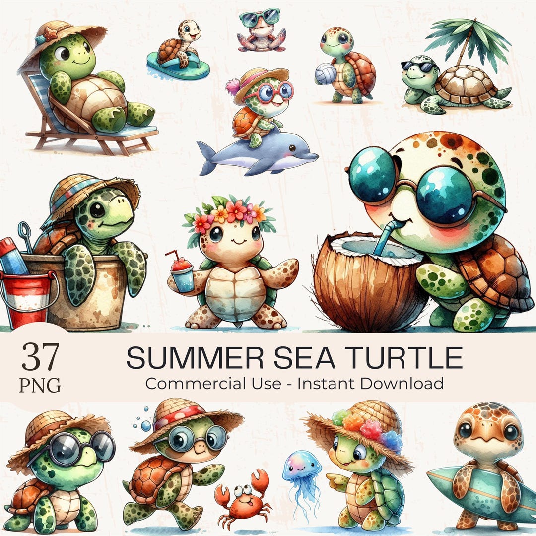 Watercolor Sea Turtle Clipart Bundle: 37 Summer Beach Pngs (digital ...