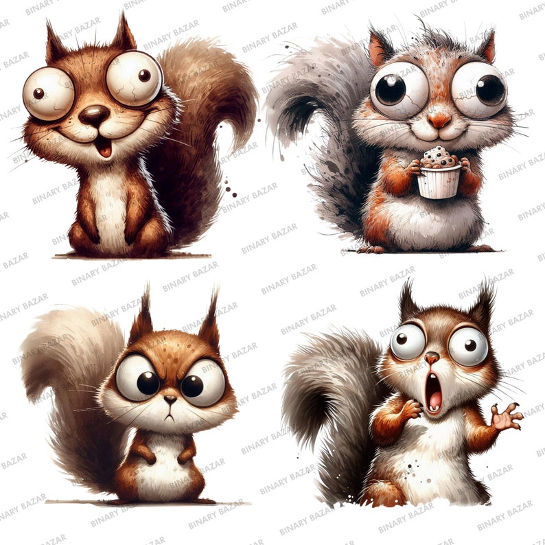 Cute Quirky & Funny Squirrel Clipart PNG Bundle 27 Watercolor Cute Wood ...