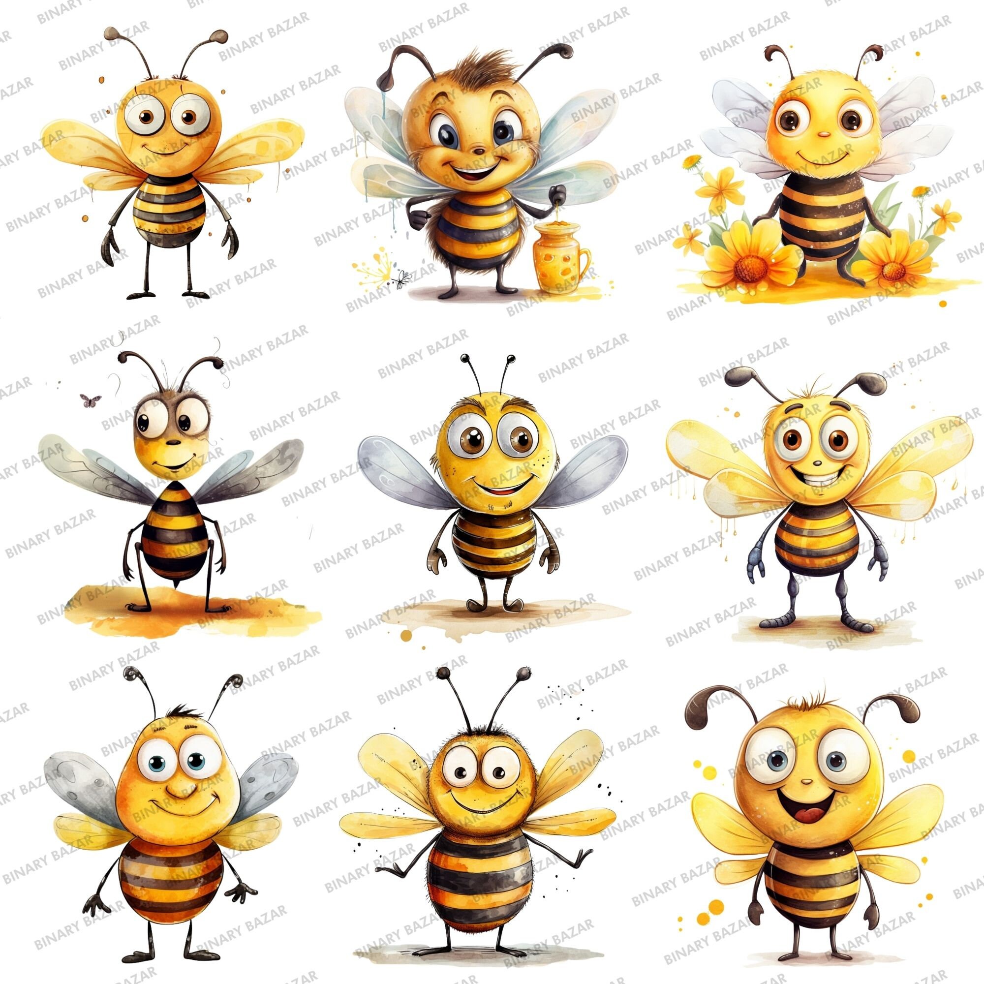 Funny and Cute Cartoon Honey Bee Clipart PNG Bundle 20 Watercolor Bee ...