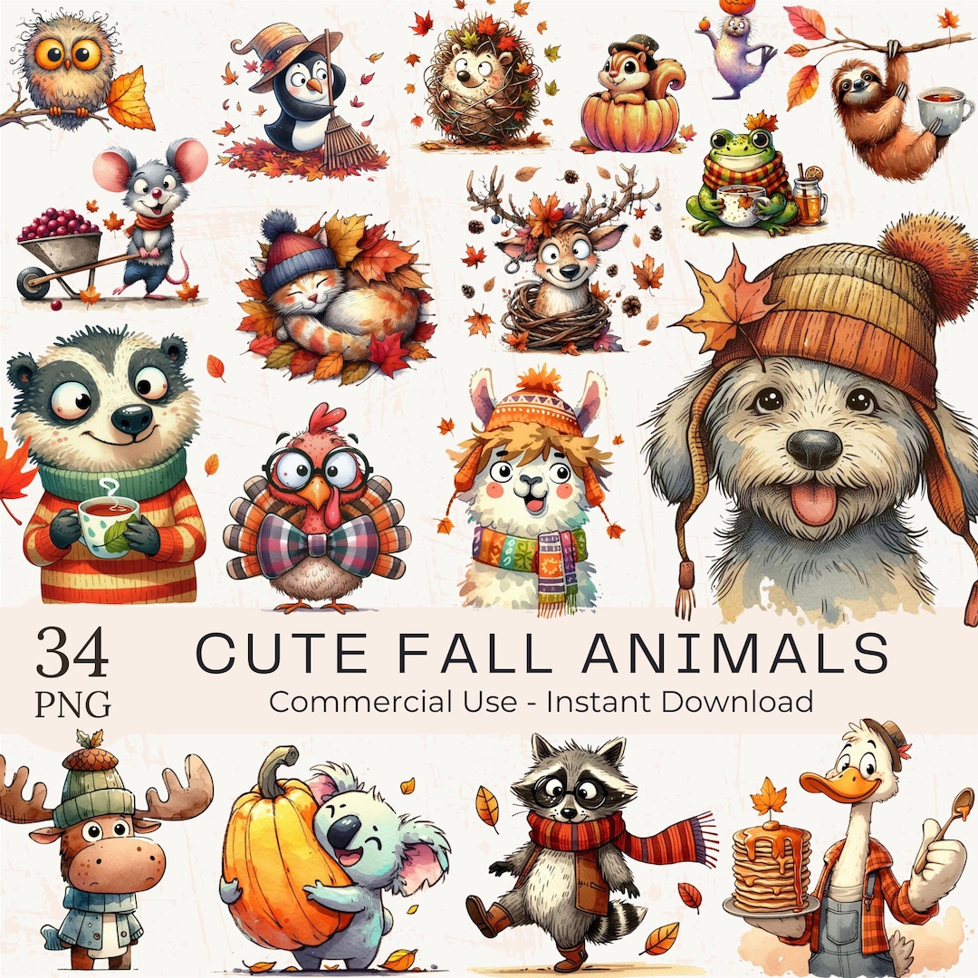 Watercolor Fall Animals Clipart – Funny Autumn PNG Bundle (digital ...