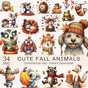 Cute & Funny Fall Animals Clipart PNG Bundle - Watercolor Cute Autumn ...