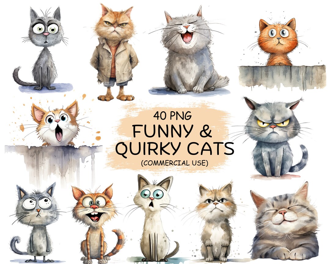42 Cute and Funny Cats Clipart PNG Bundle- Watercolor Quirky Animals ...