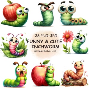 Watercolor Inchworm Clipart Bundle: 28 Funny Worm Illustrations ...
