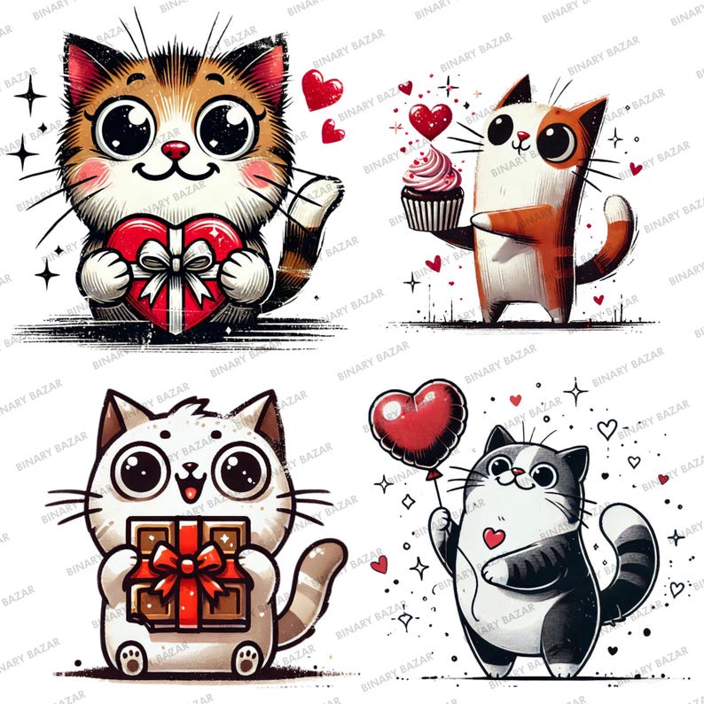 Valentine Cats Clipart PNG Bundle - 25 Watercolor Funny Cartoon ...