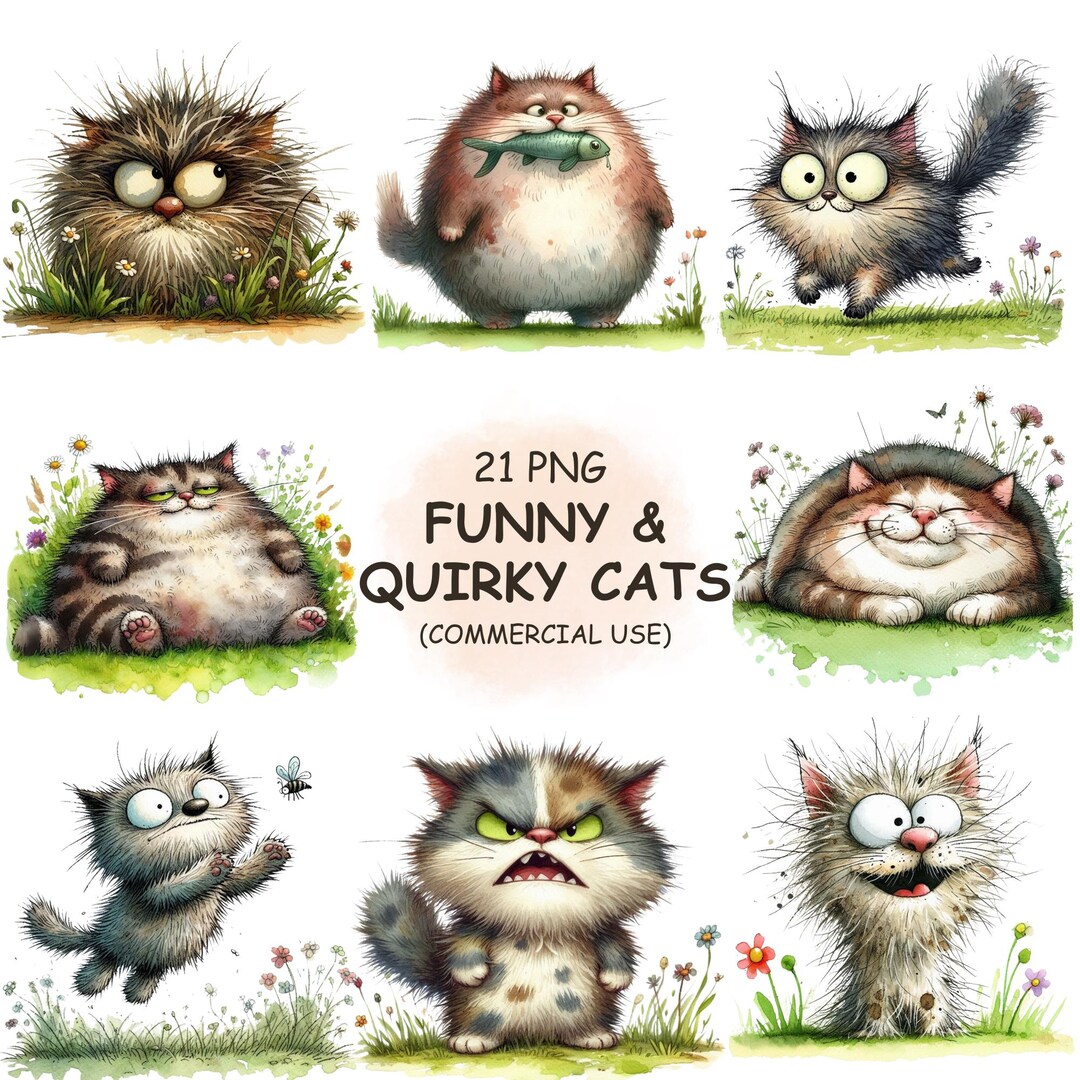 Funny Watercolor Cat Clipart PNG Bundle (commercial Use) (digital ...