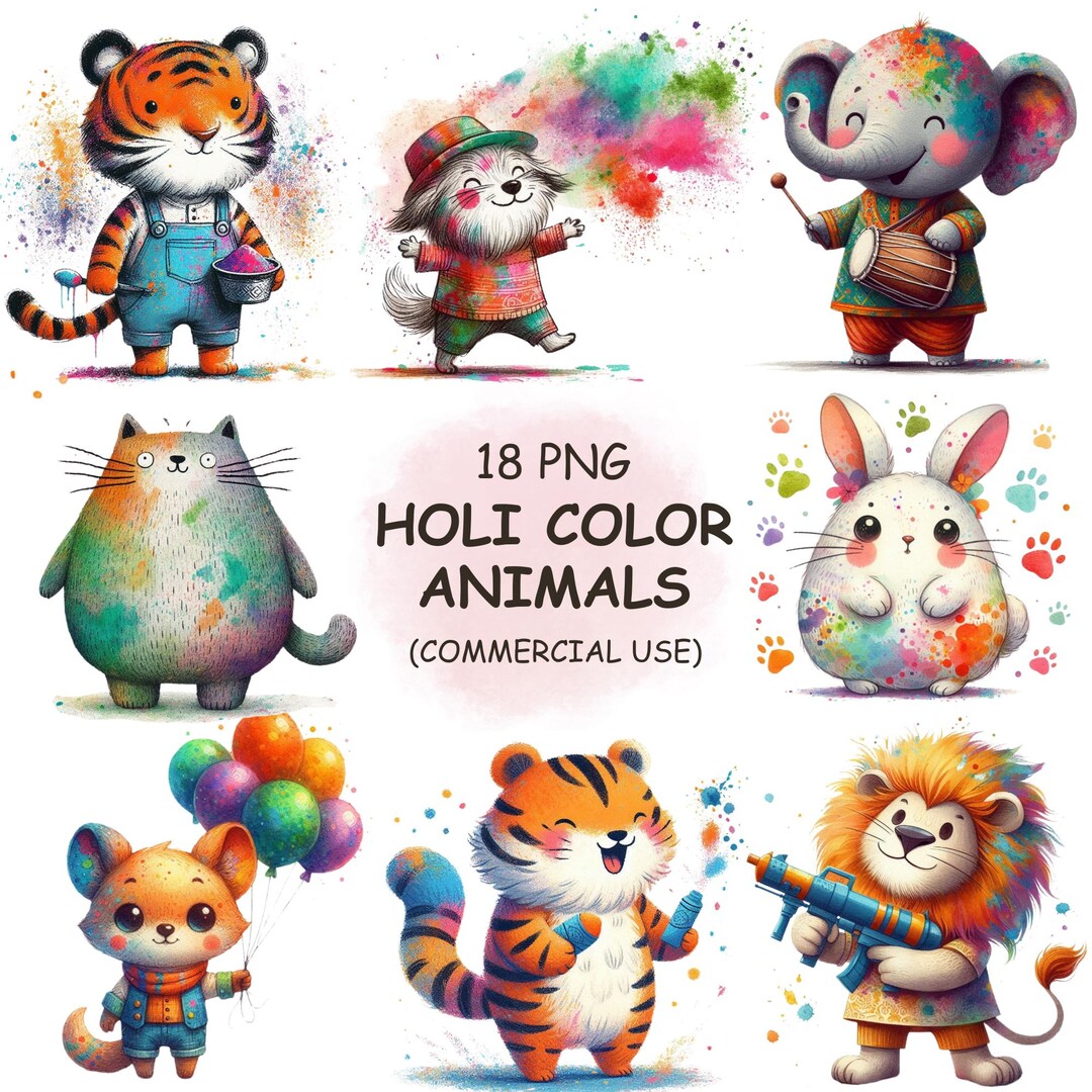 18 Cute Holi Animals Clipart PNG Bundle - Watercolor Colorful Paint ...