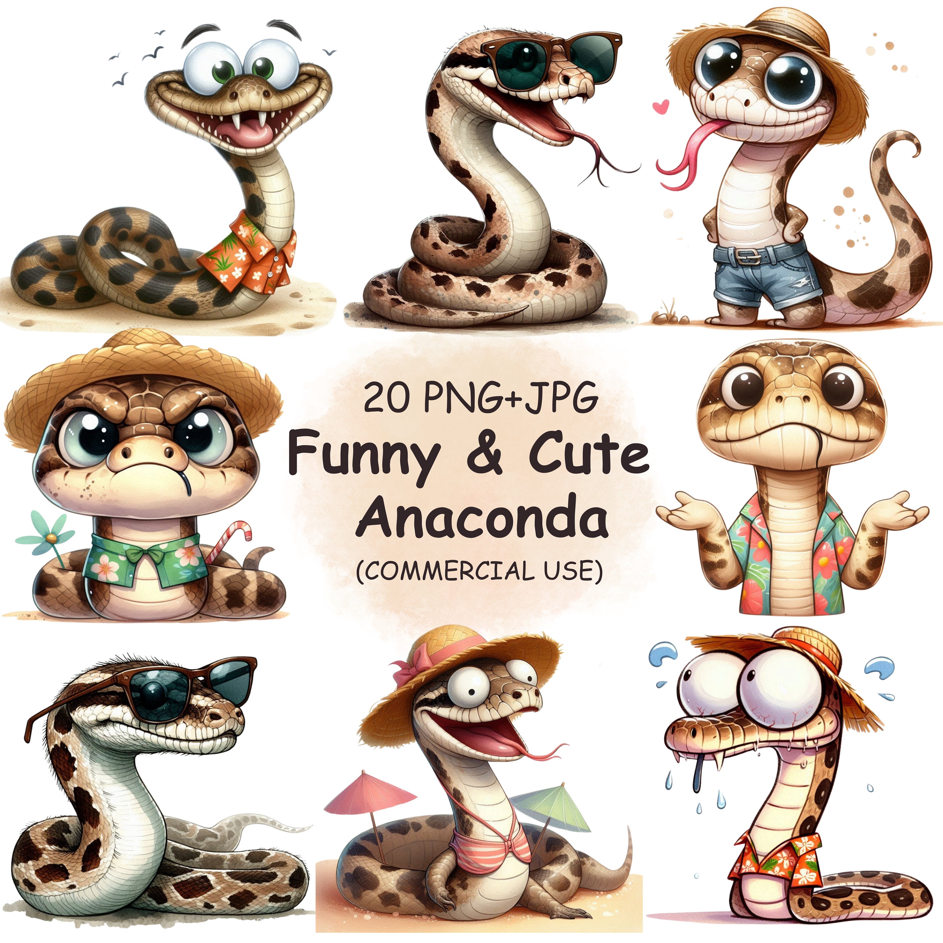 Cute & Funny Anaconda Snake Clipart PNG Bundle 20 Watercolor Anaconda ...