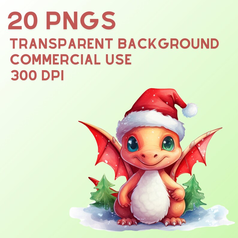 20 Cute Christmas Fantasy Baby Dragon Dinosaur Clipart PNG Watercolor ...