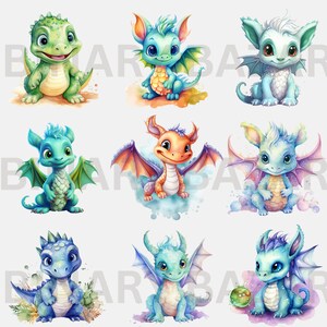 Cute Baby Dragon Dinosaur Clipart PNG Bundle, Watercolor Mythical ...