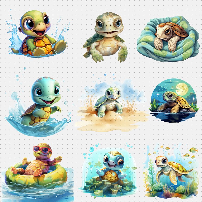 19 Cute Baby Sea Turtles PNG Clipart Bundle Watercolor Adorable Kawaii ...