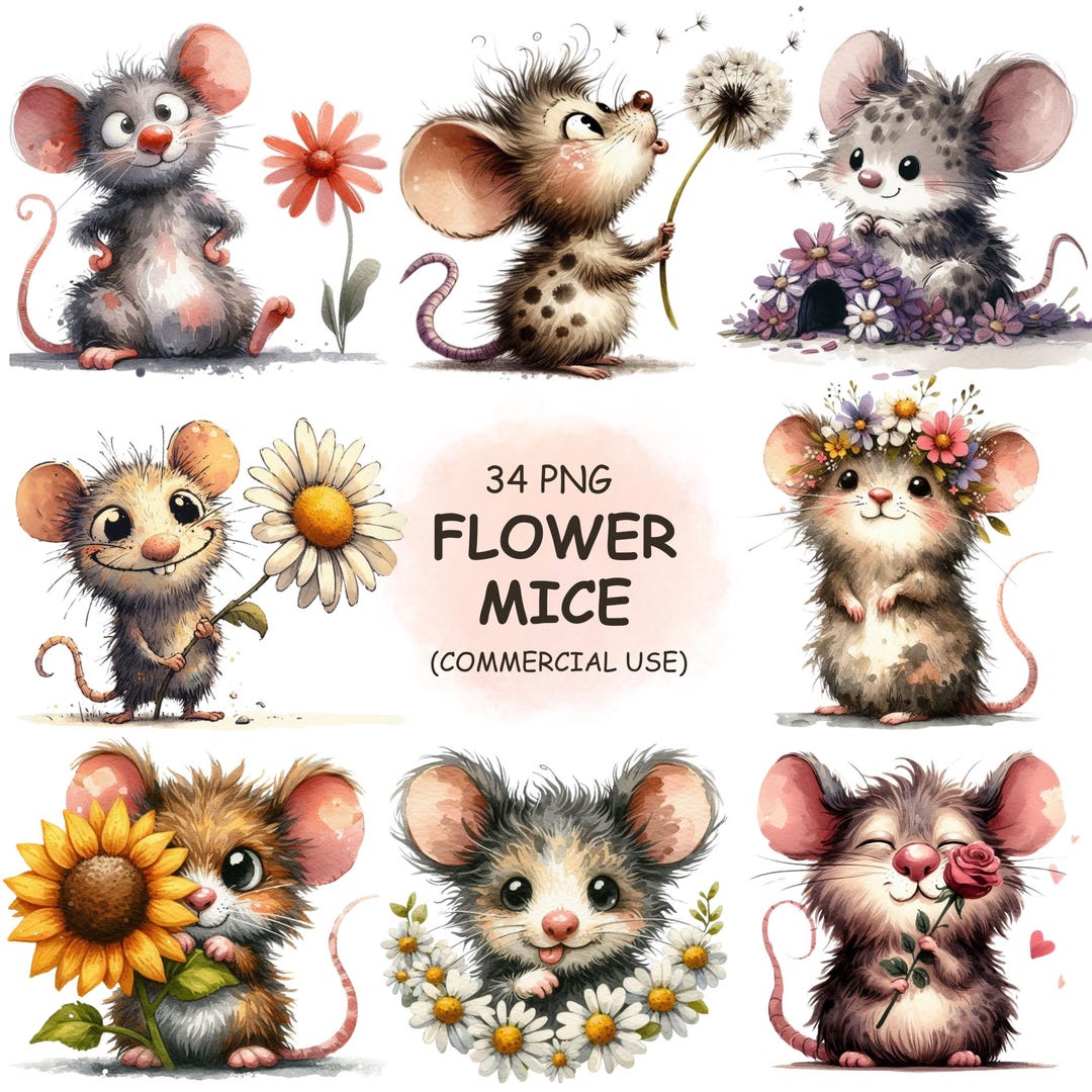 Cute Flower Mice Clipart PNG Bundle – 34 Funny & Whimsical Watercolor ...