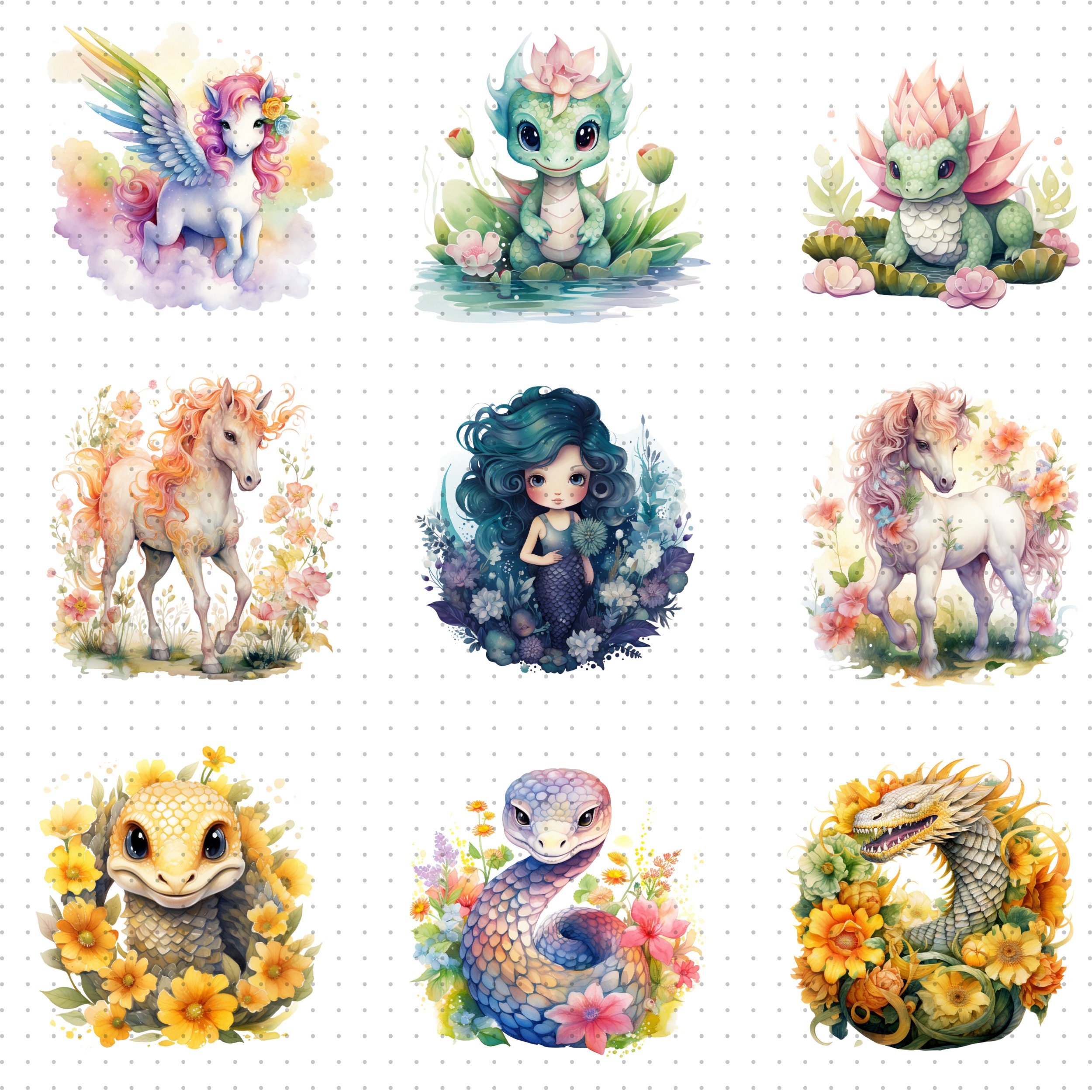 Cute Baby Mythical Creatures With Florals Clipart PNG Bundle 55 ...