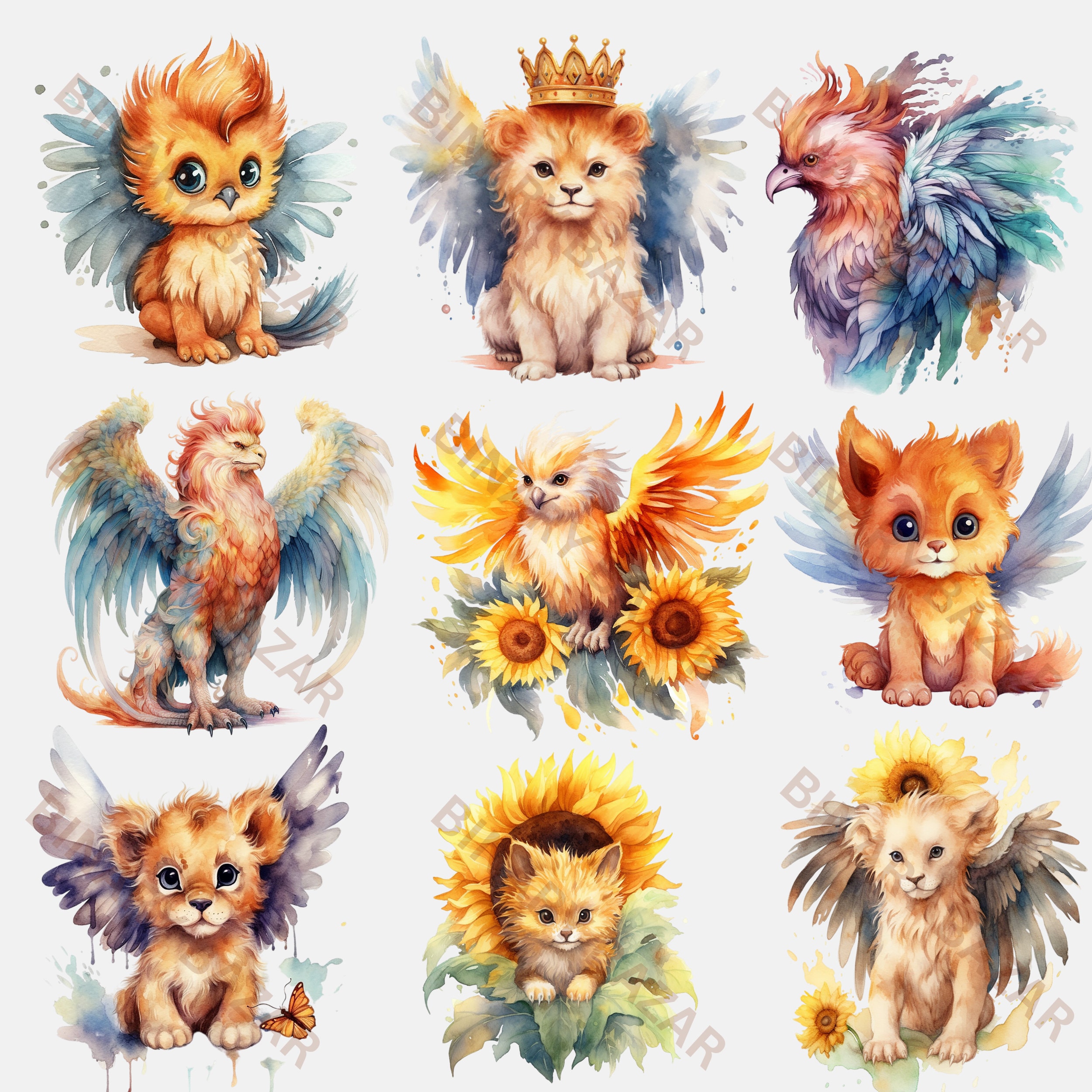 Cute Griffins Mythical Creature Clipart PNG Bundle 26 Watercolor Kawaii ...