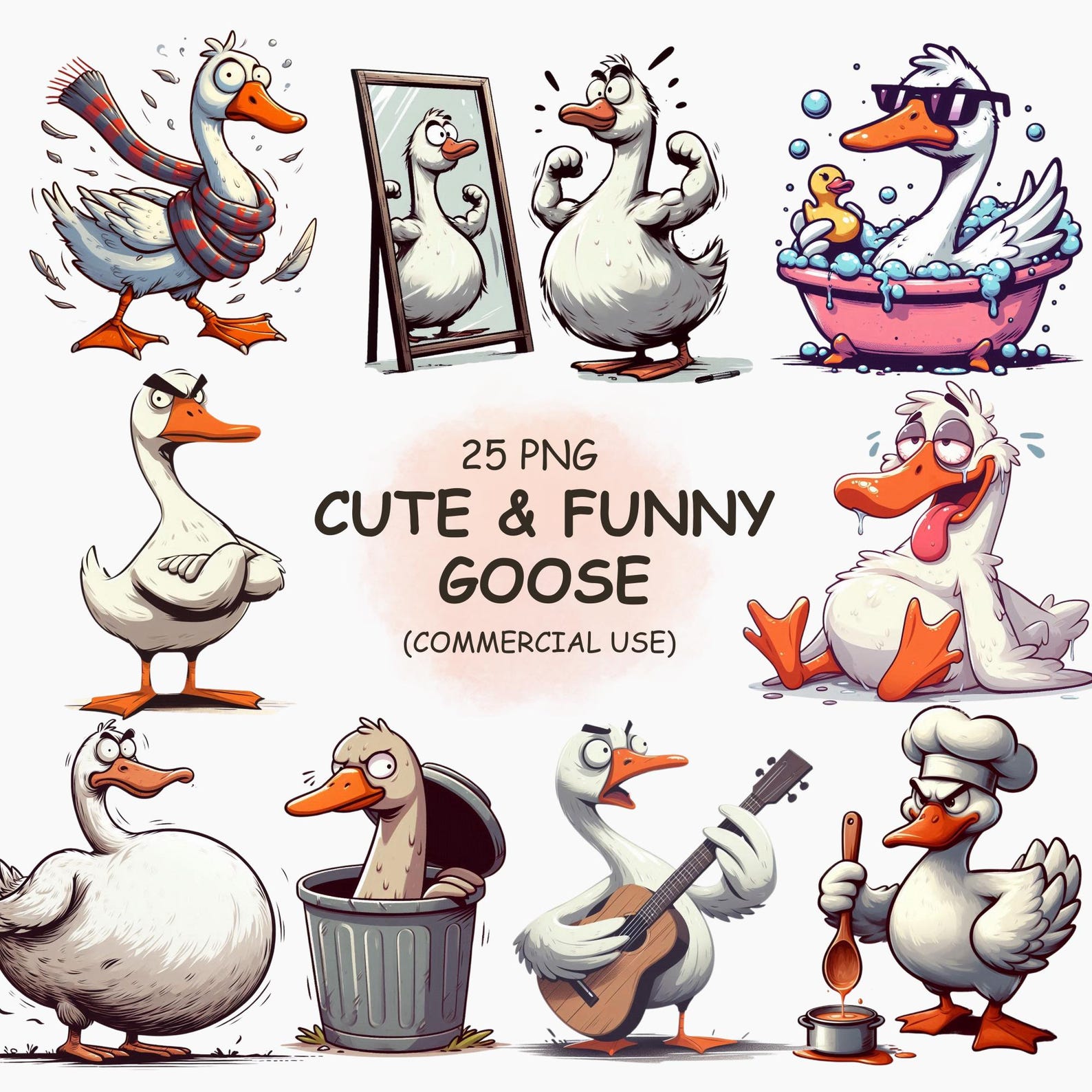 Cute Funny and Silly Goose Clipart PNG Bundle Watercolor Quirky Duck ...