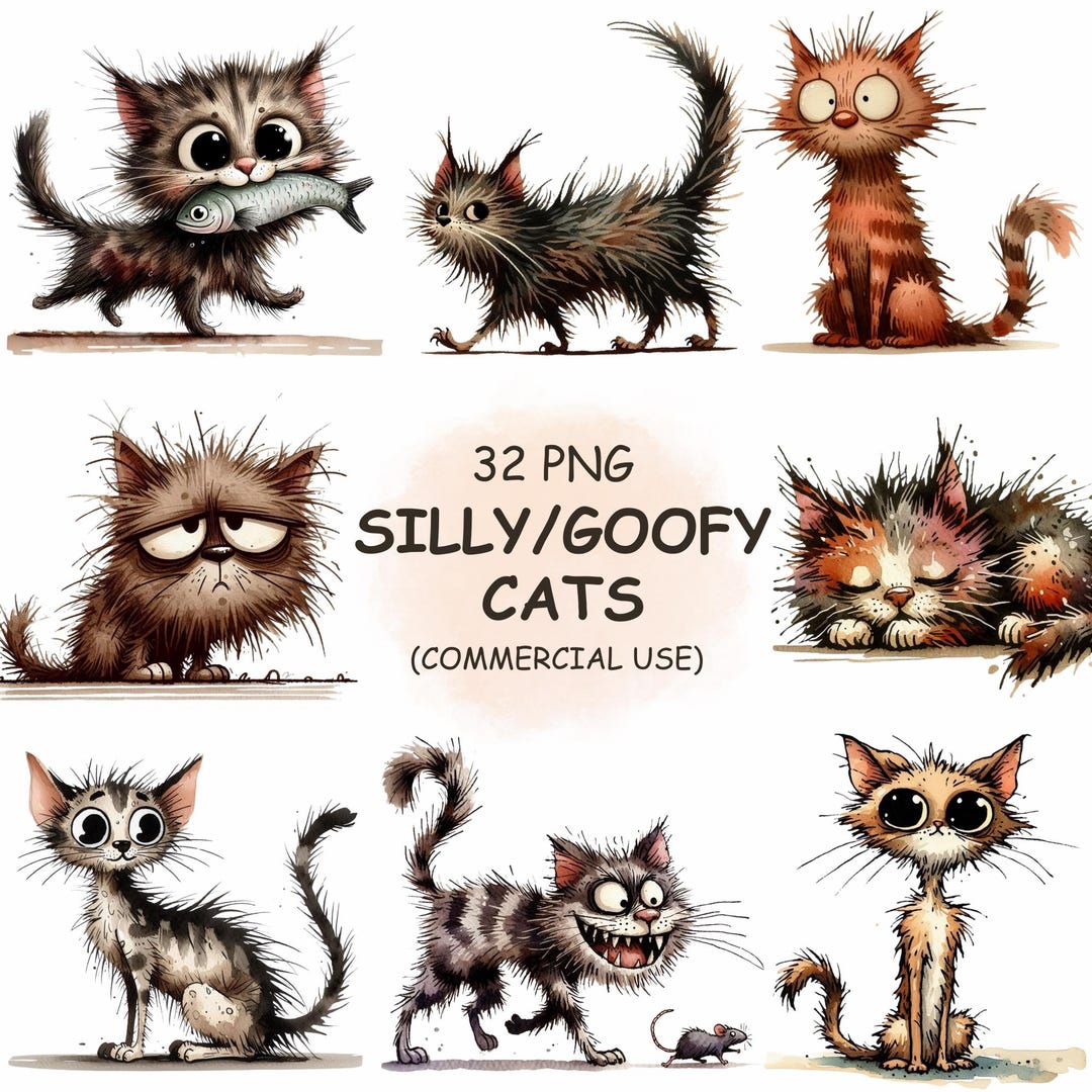 32 Quirky Silly Cats Clipart PNG Bundle - Watercolor Cute Funny Animals ...
