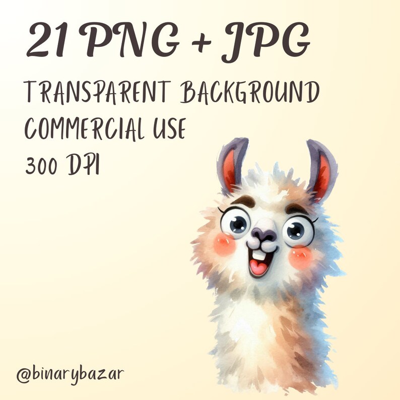Funny Llama Alpaca Clipart Bundle: 21 Watercolor PNG Farm Animal ...