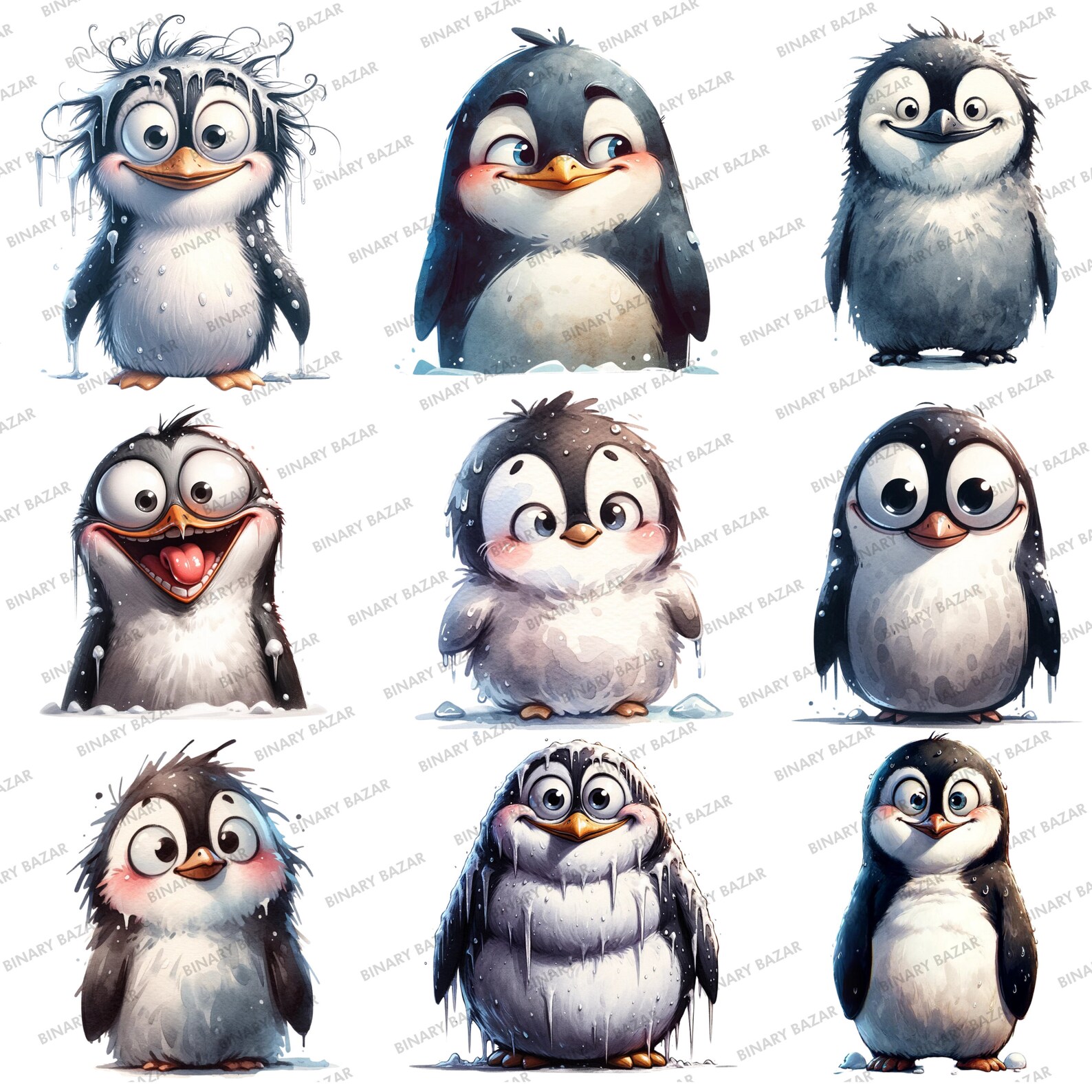 Funny and Cute Cold Winter Penguin Clipart PNG Bundle- 30 Watercolor ...