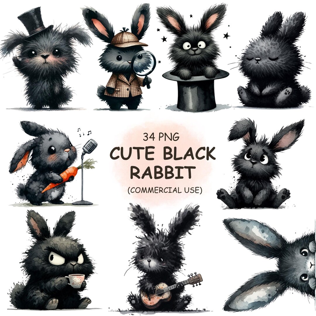Cute Black Rabbit Clipart PNG Bundle – 34 Quirky Whimsical Watercolor ...