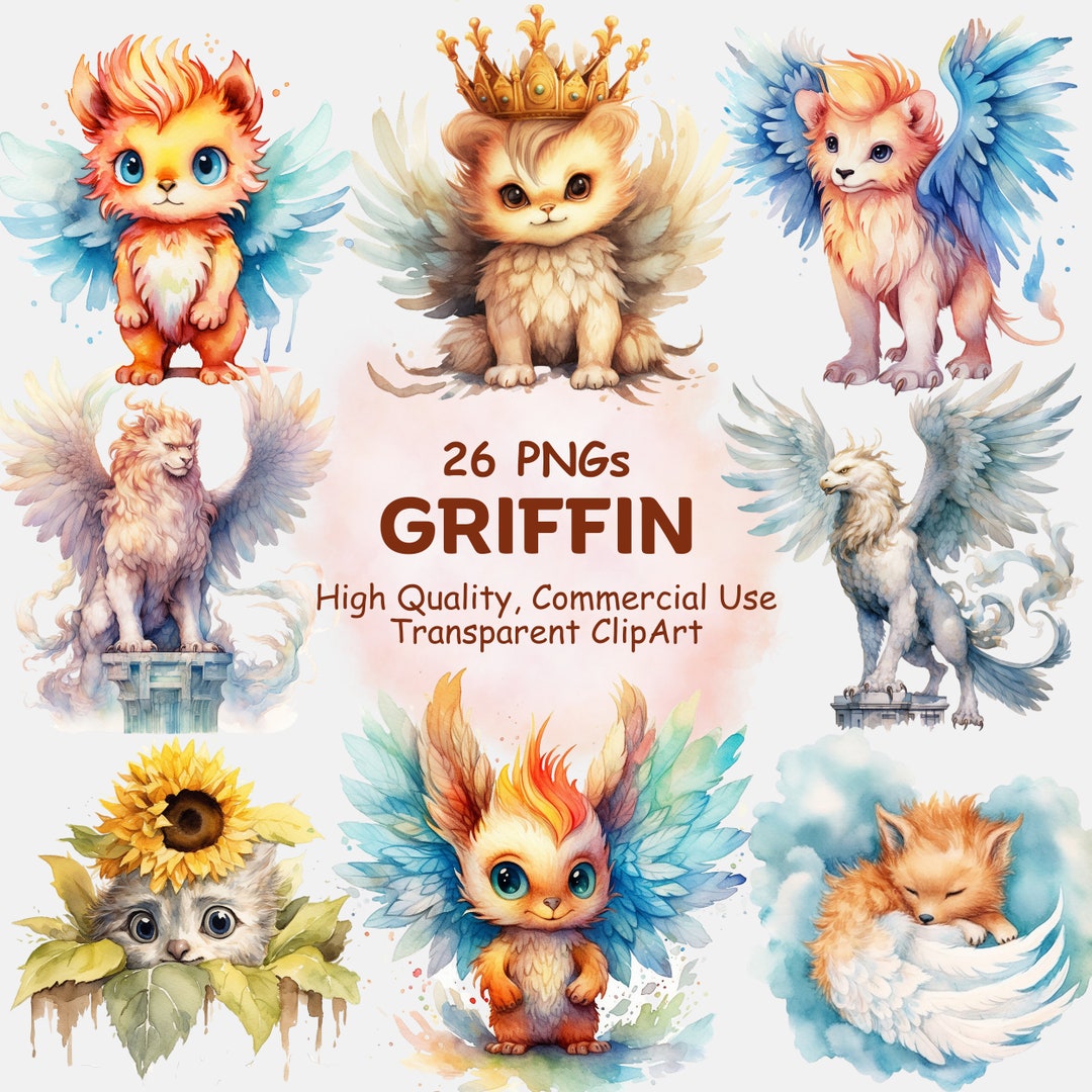 Cute Griffins Mythical Creature Clipart PNG Bundle - 26 Watercolor ...