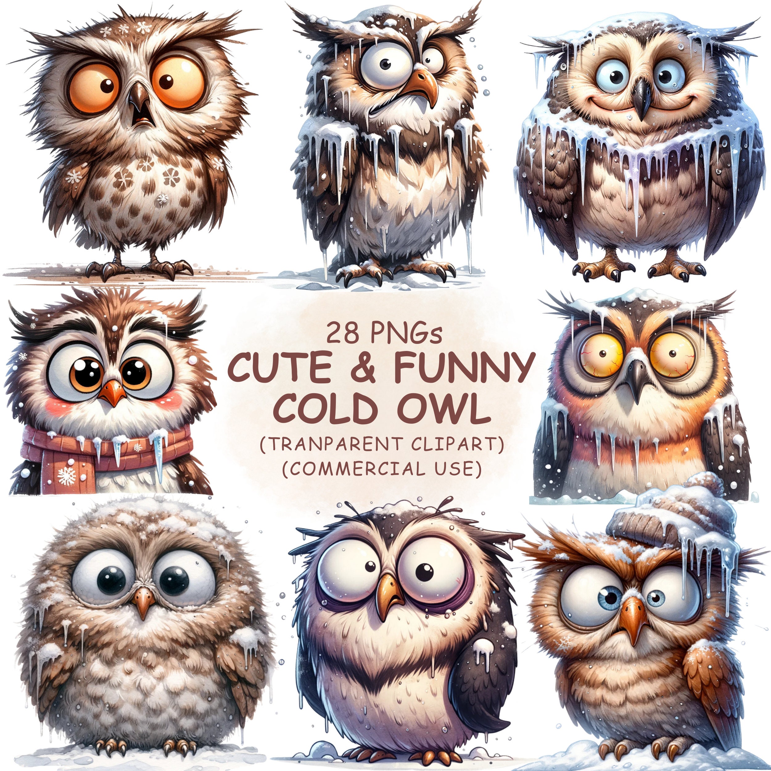 Funny and Cute Cold Owl Clipart PNG Bundle 28 Watercolor Winter Owl ...
