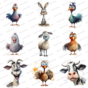Cute and Funny Farm Animals Clipart PNG Bundle- 46 Watercolor Cow, Goat ...