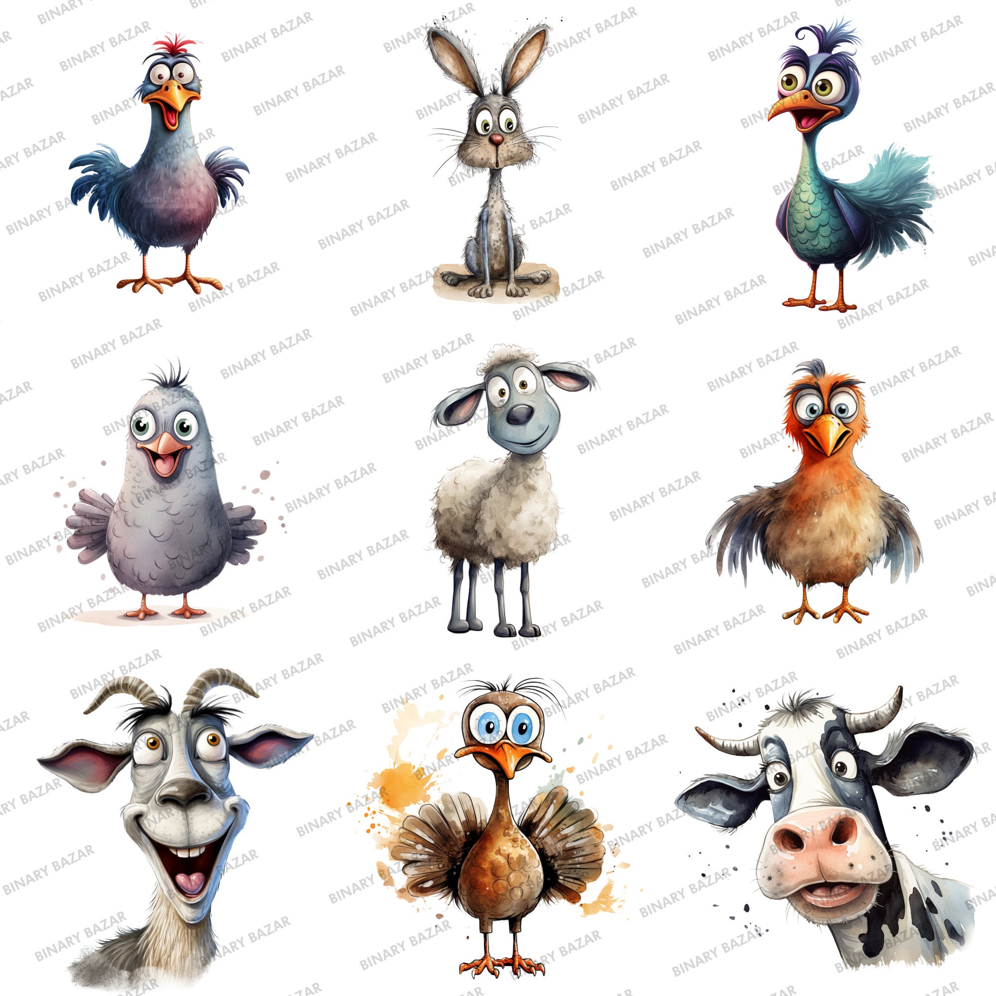 Cute and Funny Farm Animals Clipart PNG Bundle 46 Watercolor Cow, Goat ...