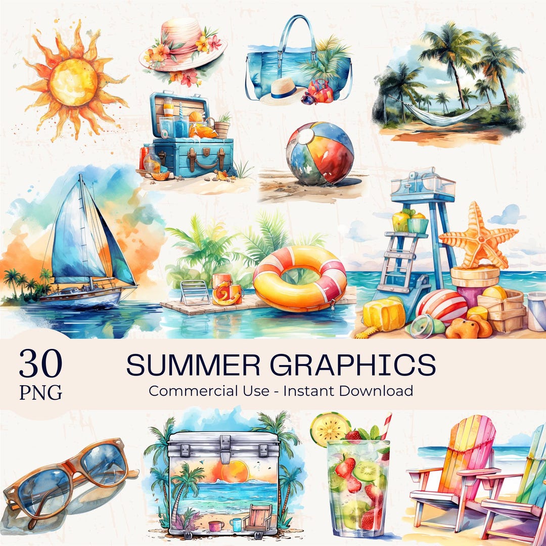 30 Watercolor Summer Clipart PNG Bundle: Beach Tropical Vacation ...
