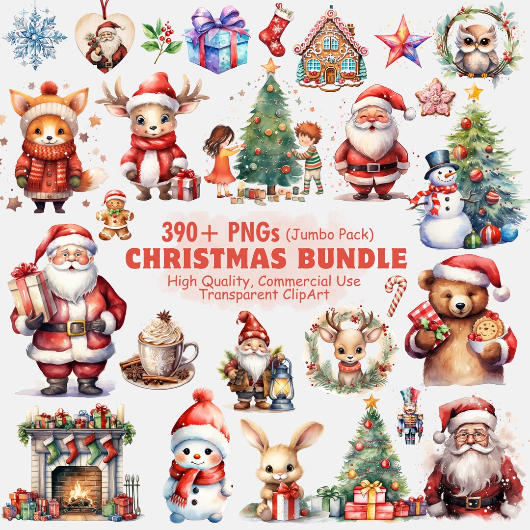 Merry Christmas Clipart PNG Bundle Watercolor Xmas Clip Art 390 Cozy ...