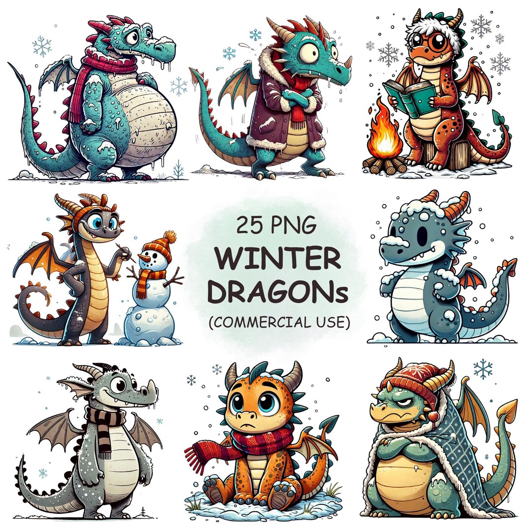 25 Cute Winter Dragons Clipart PNG Bundle - Watercolor Quirky Funny ...