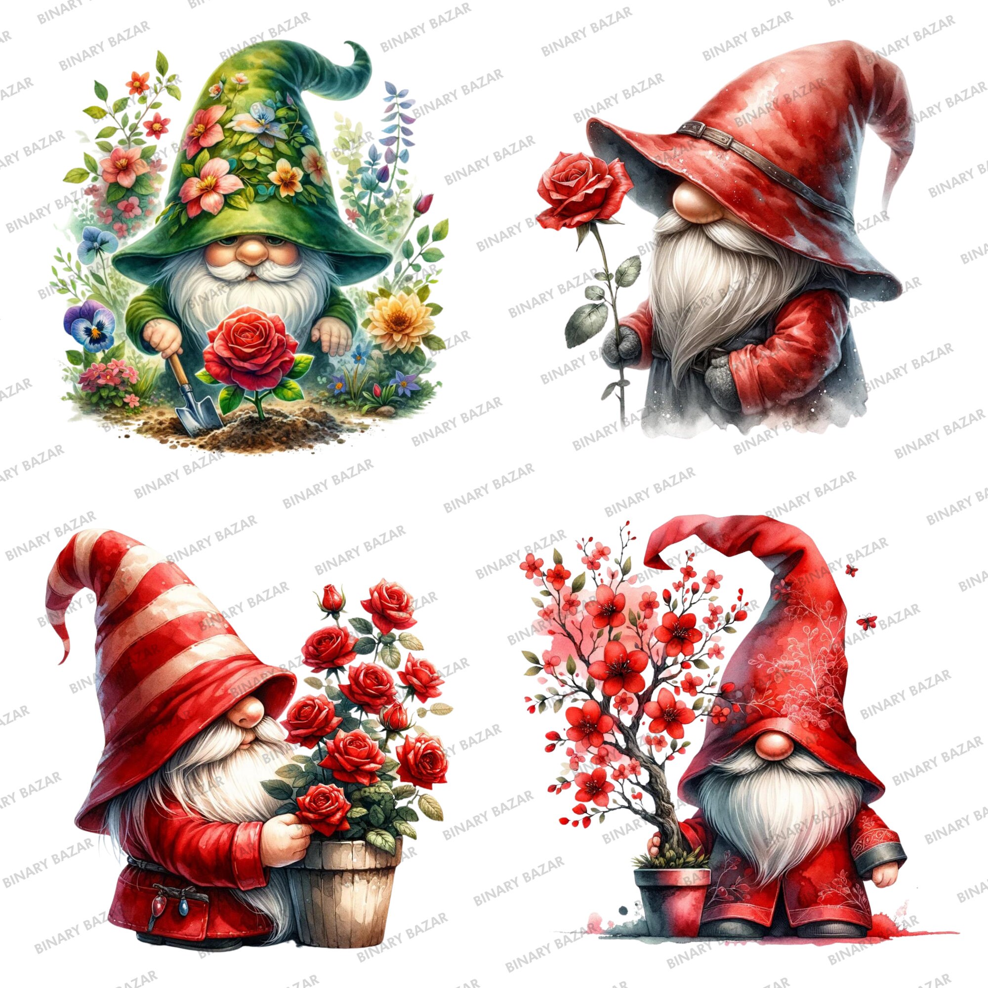Red Rose Flower Garden Gnome Clipart PNG Bundle Watercolor Spring Gnome ...