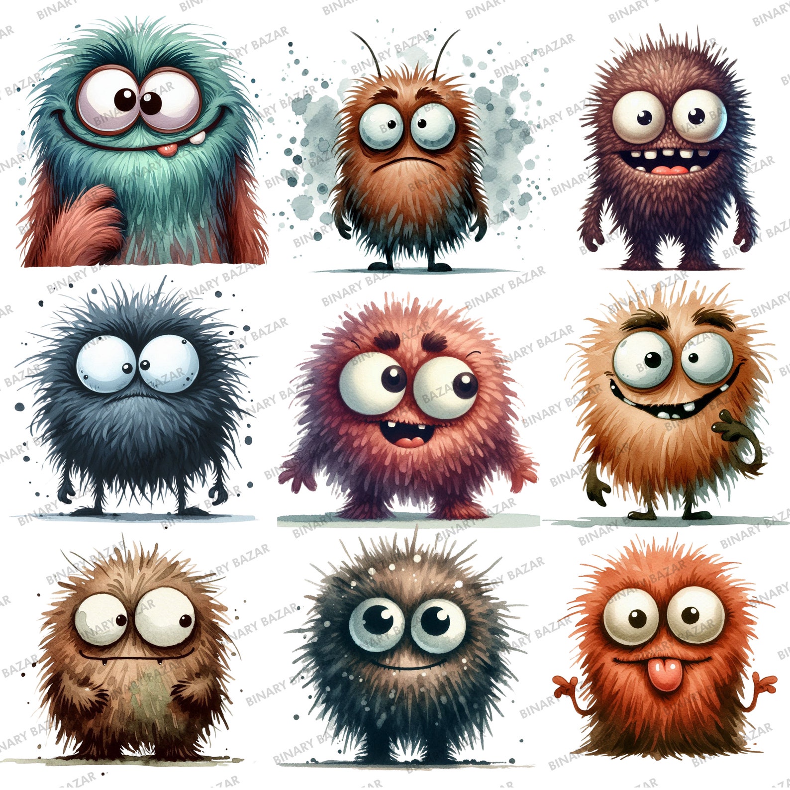 Cute and Funny Monster Clipart PNG Bundle 26 Watercolor Quirky Monster ...