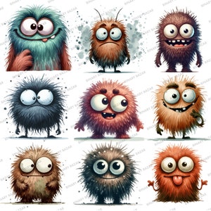 Cute and Funny Monster Clipart PNG Bundle 26 Watercolor Quirky Monster ...