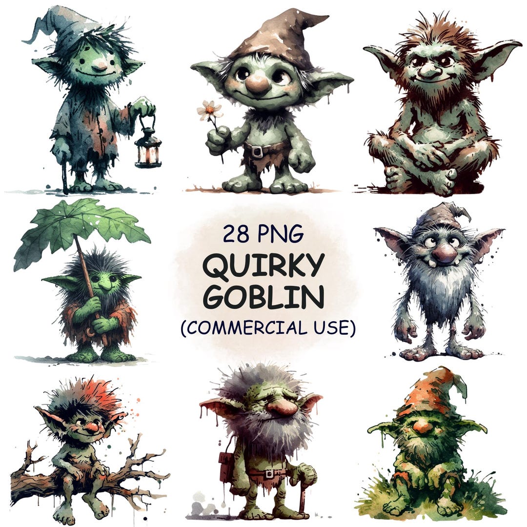 28 Quirky Goblin Clipart PNG Bundle - Watercolor Funny Goblins Clip Art ...
