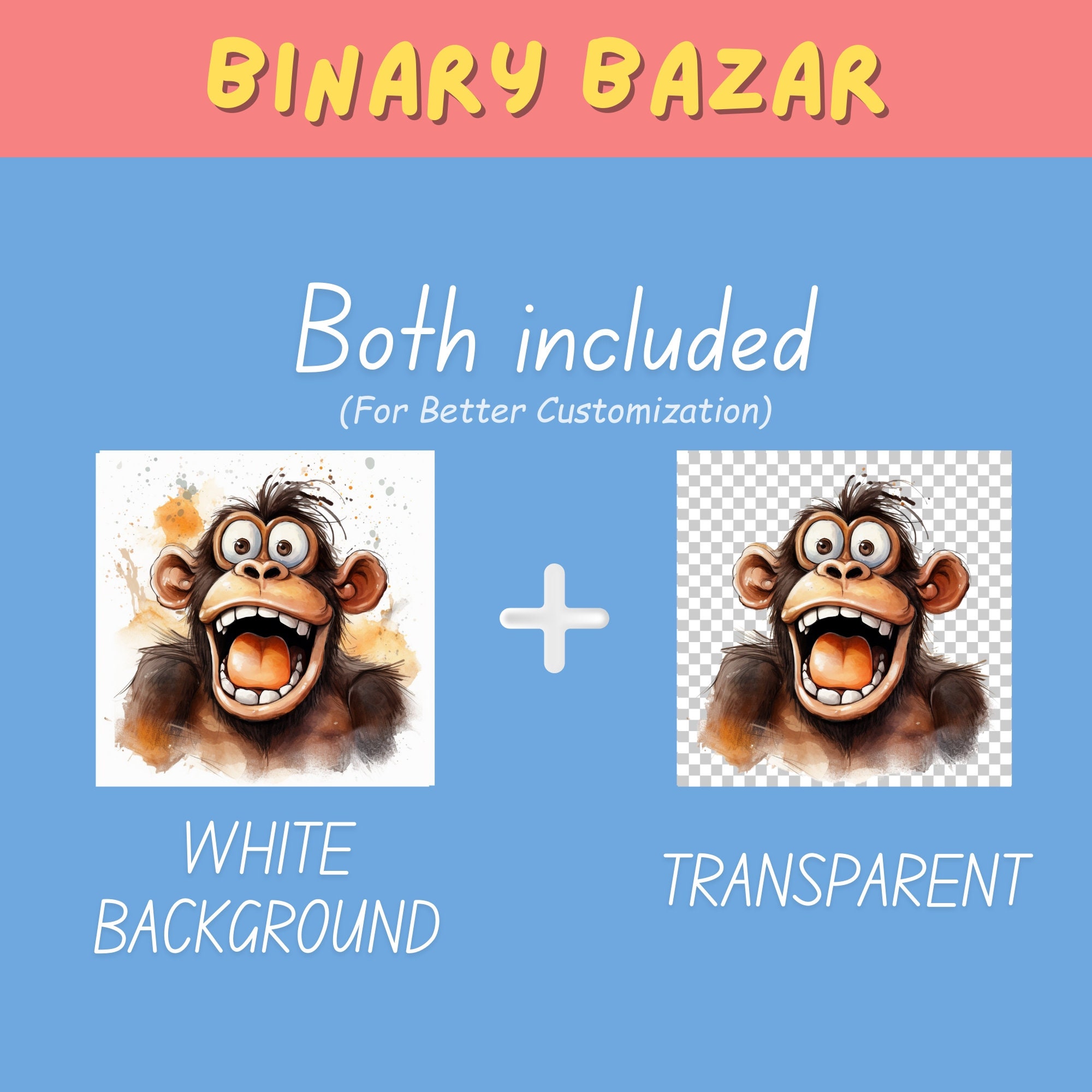 Funny Monkey Faces Clipart: 34 Watercolor PNG Bundle (commercial Use ...
