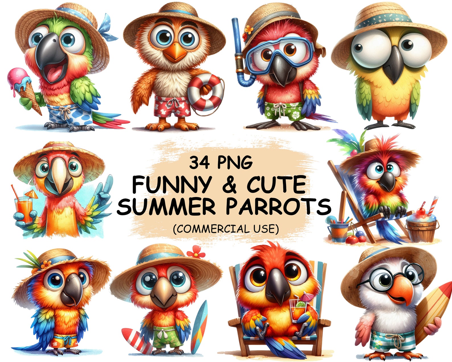 Cute and Funny Summer Season Parrots Clipart PNG & JPG Bundle 34 ...