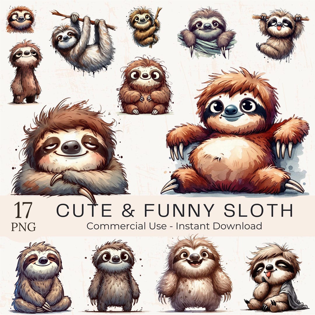 Funny Sloth Clipart PNG Bundle: Watercolor Quirky Lazy Safari ...