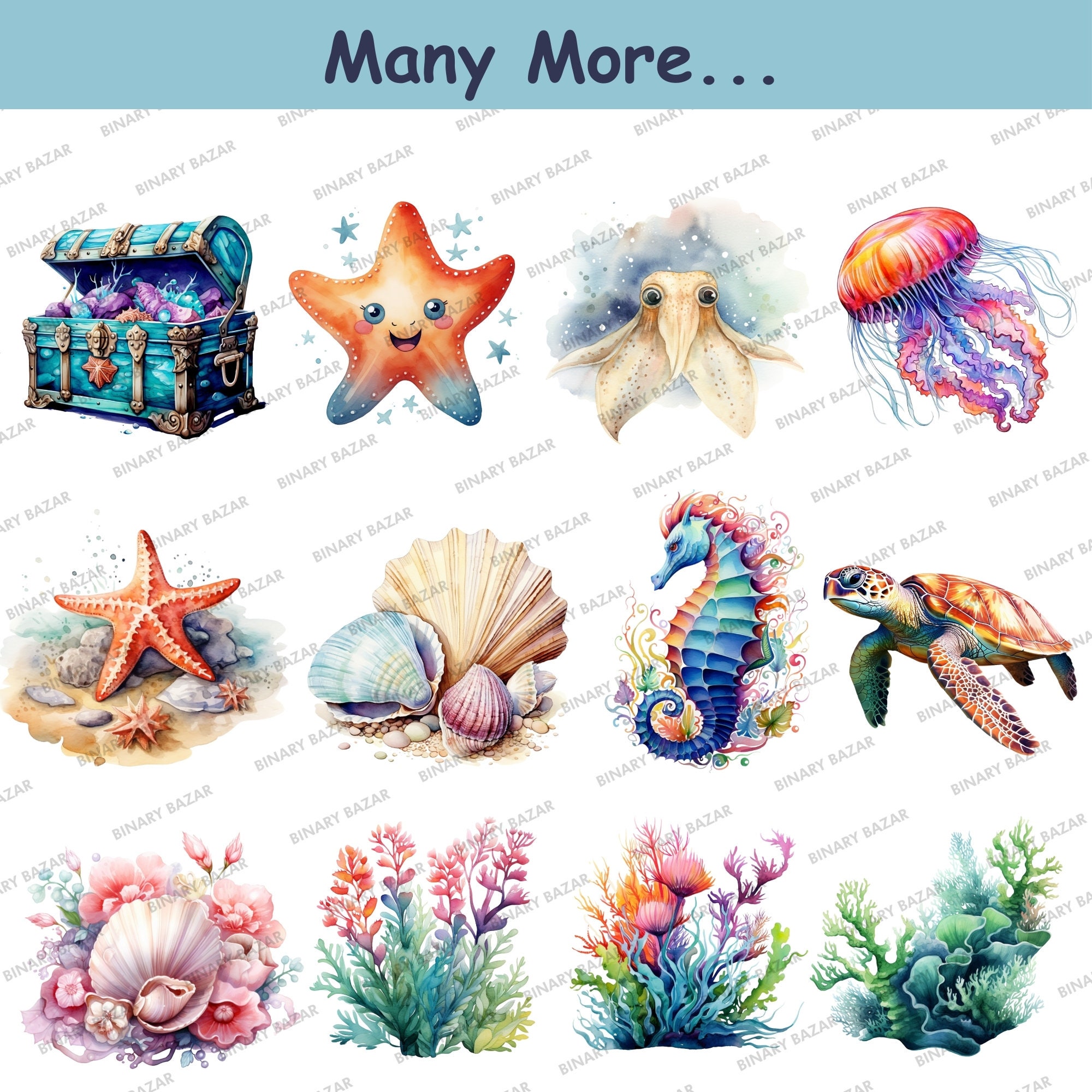 200 Cute & Funny Sea Life World and Ocean Animals Clipart PNG Bundle ...