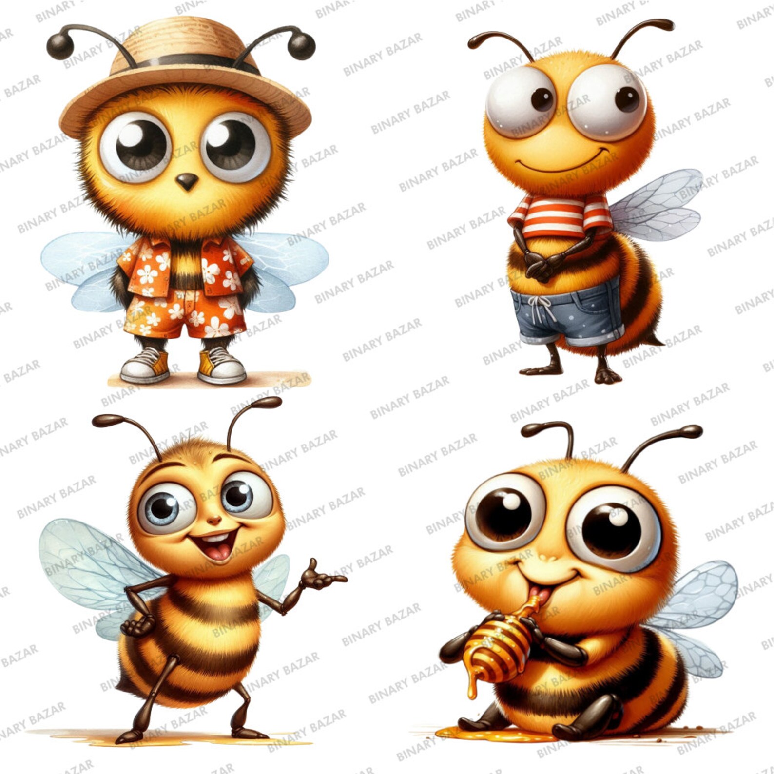 Funny and Cute Honey Bee Clipart JPGPNG Bundle 20 Watercolor Quirky Bee ...