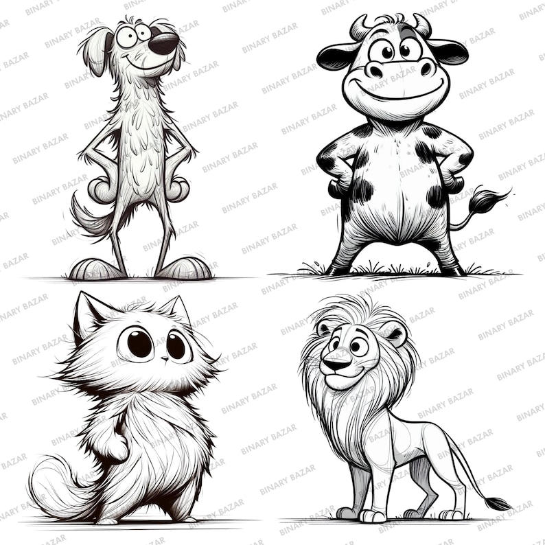 52 Animal Line Art Clipart PNG Bundle: Black & White Outline Drawing ...