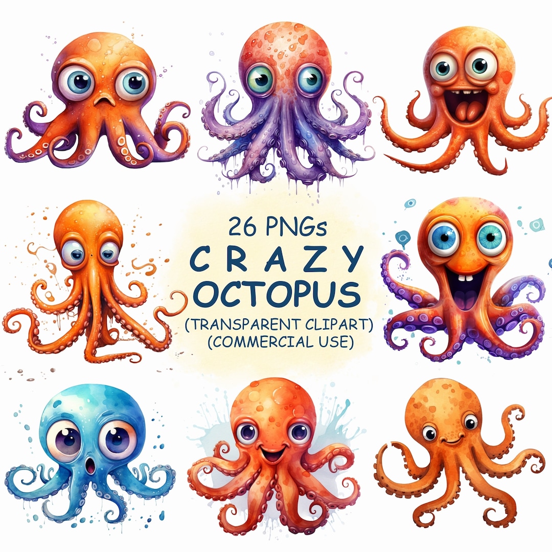 Funny Cute & Crazy Octopus Clipart PNG and JPG Bundle - 26 Watercolor ...