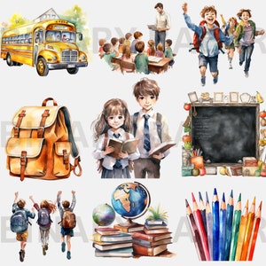 Watercolor Back to School Clipart Bundle: 32 PNG Graphics (digital ...