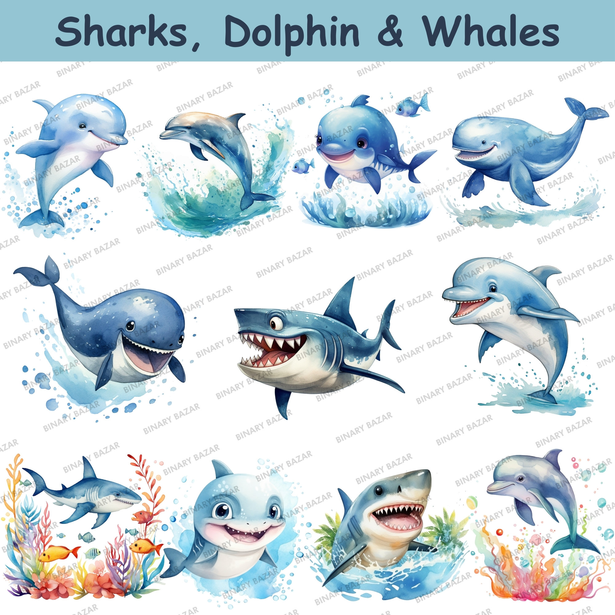 200 Cute & Funny Sea Life World and Ocean Animals Clipart PNG Bundle ...