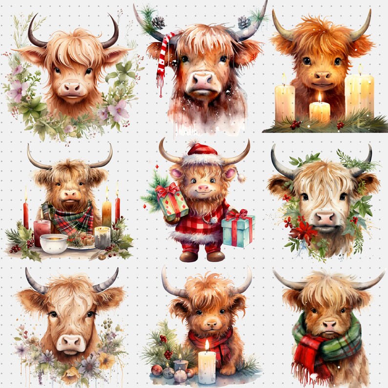 Cozy Cute Christmas Highland Cow Clipart PNG Bundle - Watercolor ...