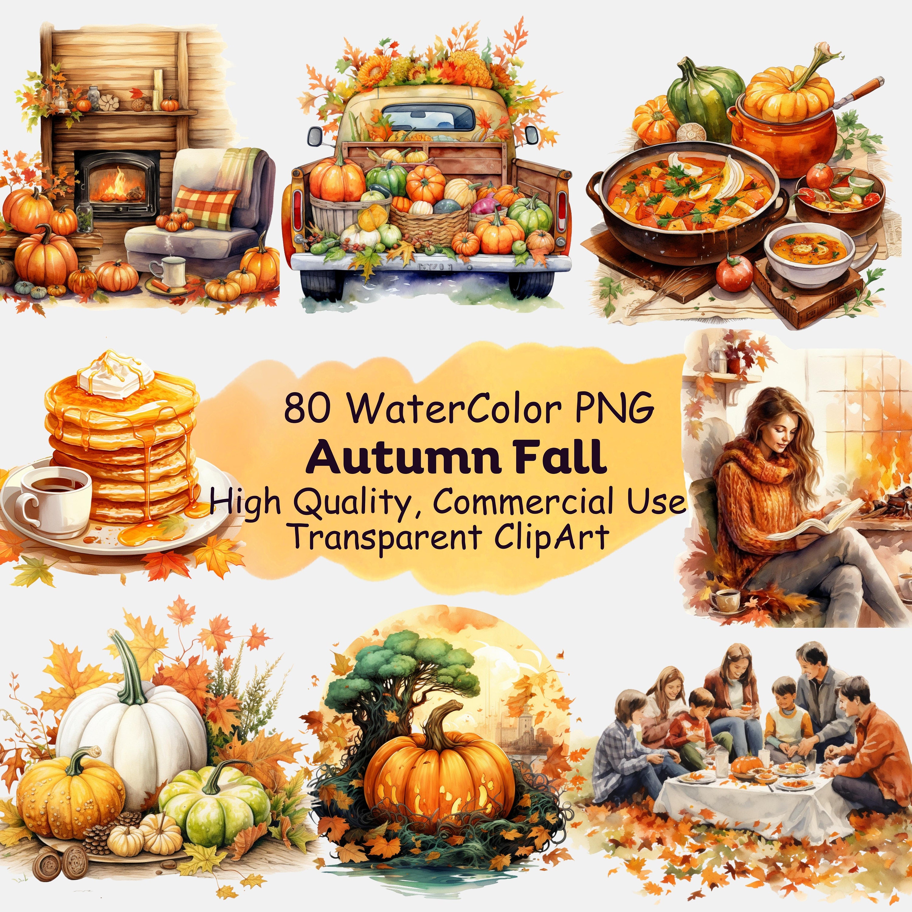 80 Fall Thanksgiving Clipart PNG Bundle Watercolor Cozy Autumn Pumpkin ...