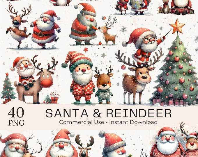 Quirky Santa & Reindeer Clipart: Funny Christmas PNG Images (digital ...