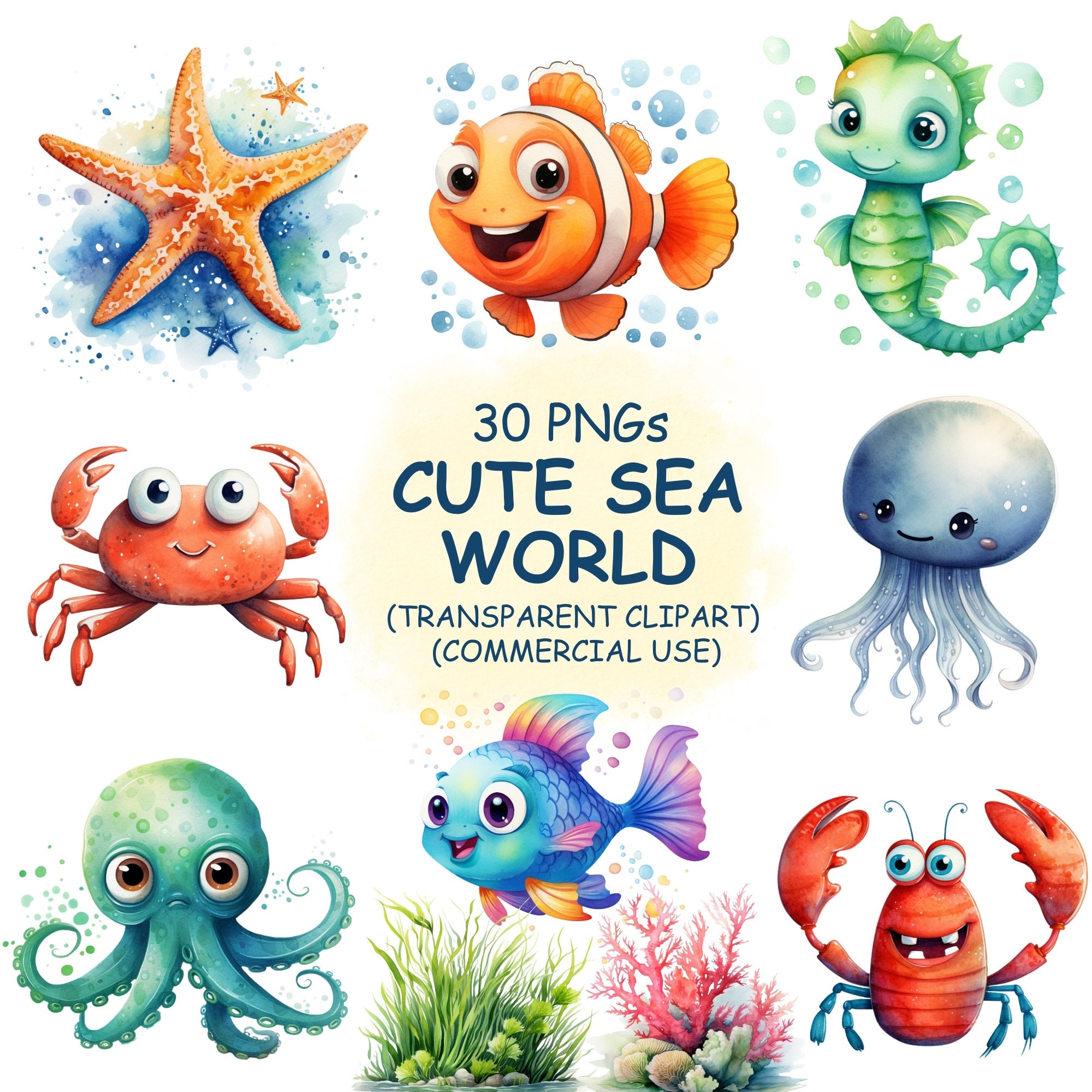 Cute Sea Life World & Ocean Animals and Fish Clipart PNG Bundle 30 ...