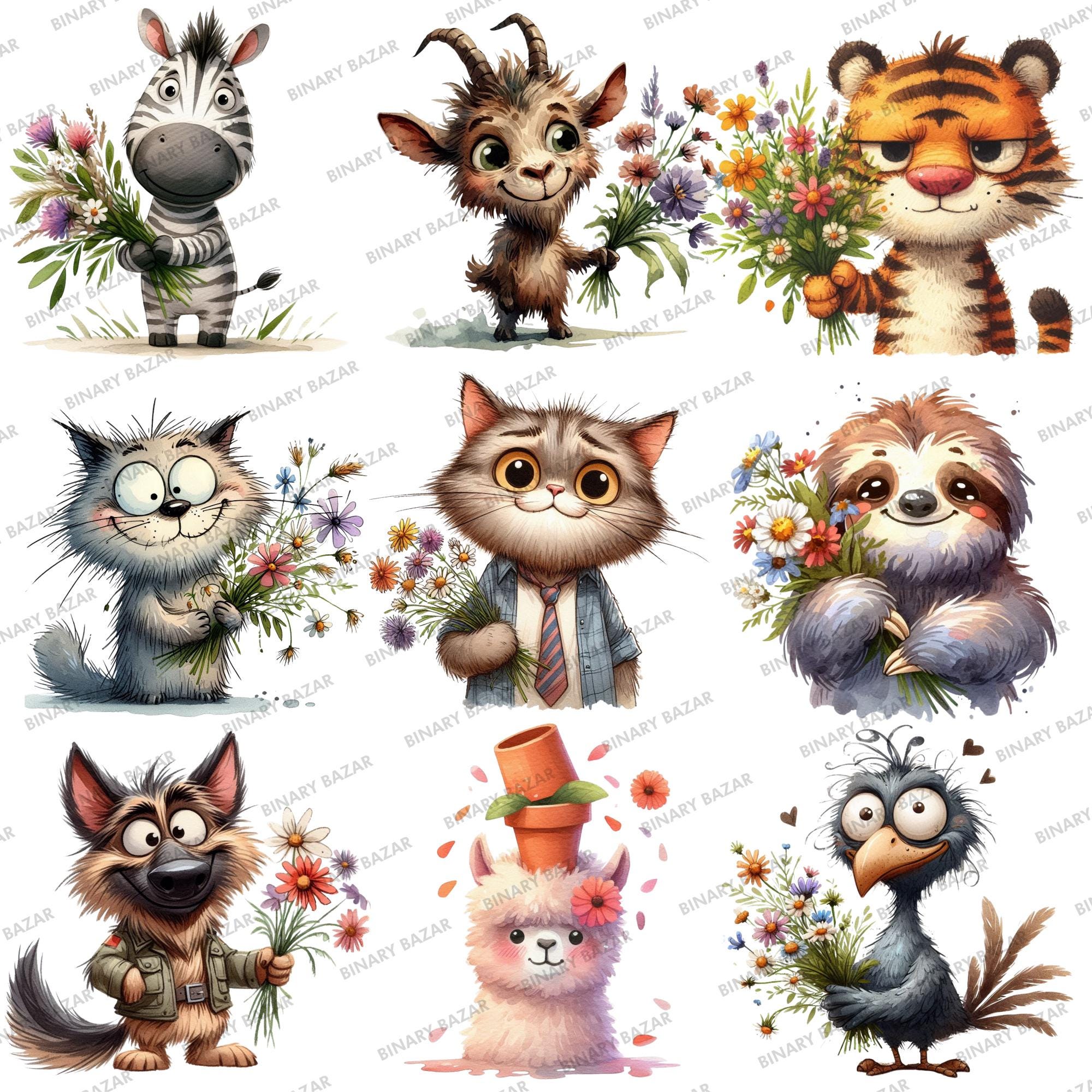 Watercolor Spring Animals Clipart: 50 PNG Garden & Safari Art (digital ...