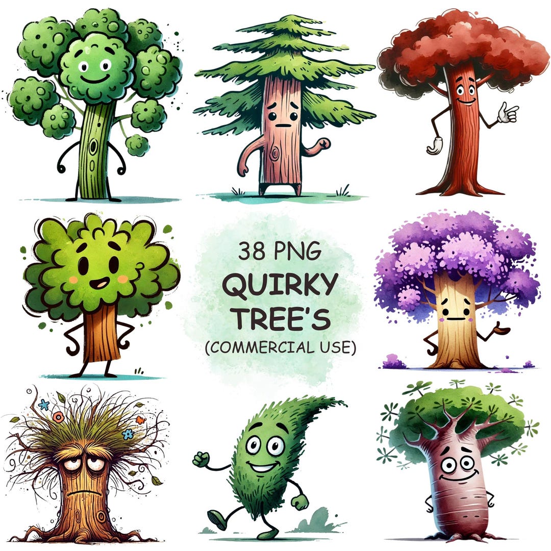 38 Quirky Trees Clipart PNG Bundle for Commercial Use - Watercolor Tree ...