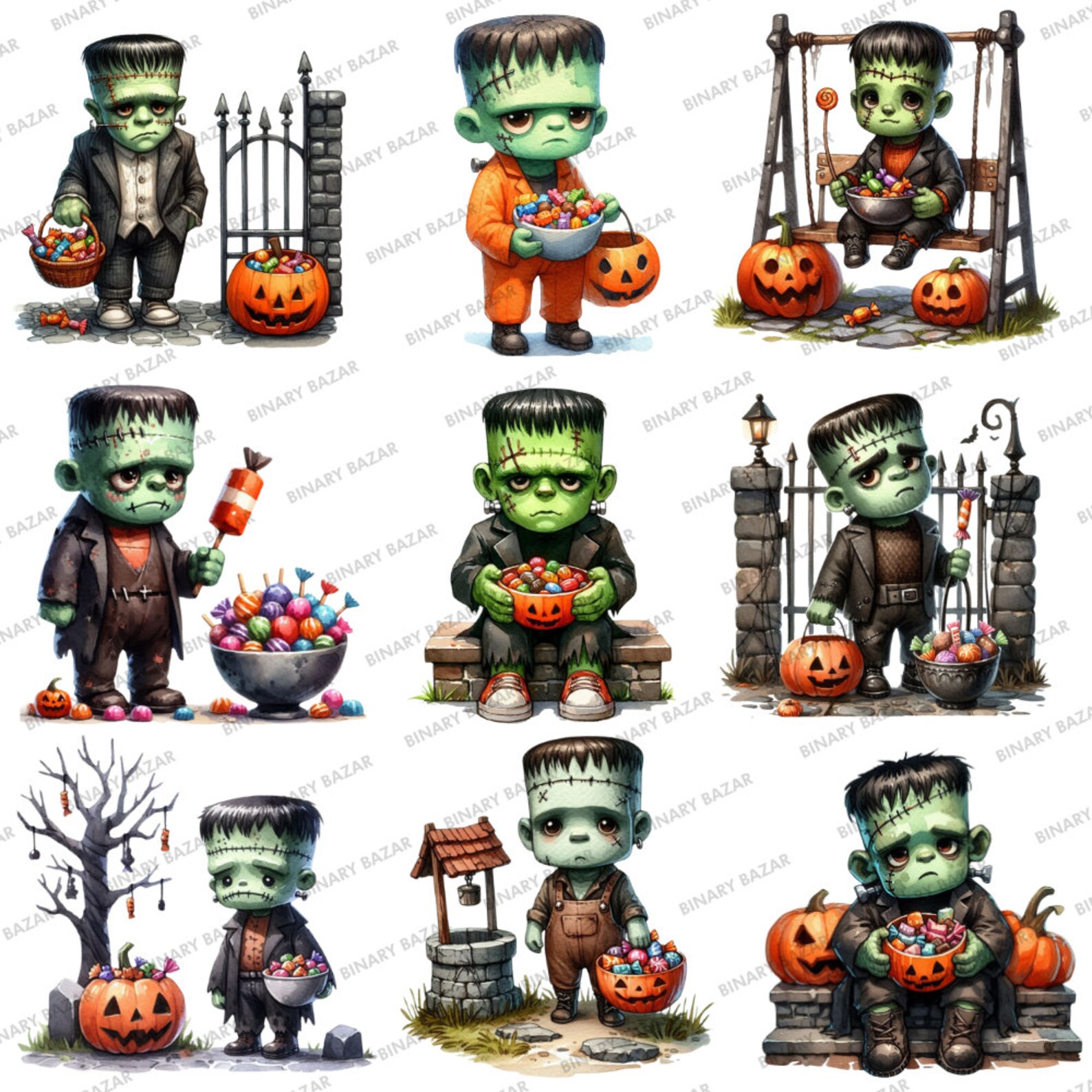 Cute Frankenstein Halloween Clipart Bundle 18 Cute Halloween Watercolor ...
