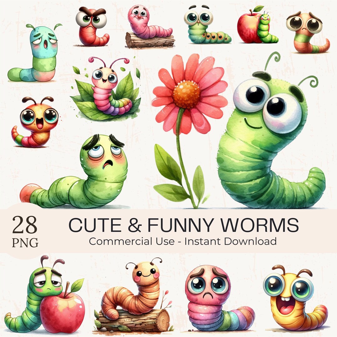 Watercolor Inchworm Clipart Bundle: 28 Funny Worm Illustrations ...